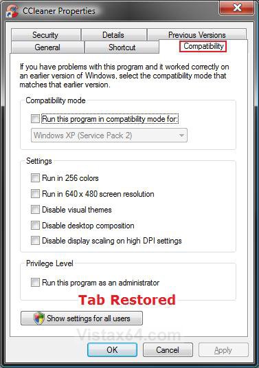 Compatibility Properties Tab - Restore or Remove | Vista Forums